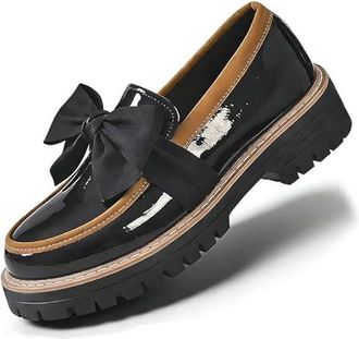 Generic Mocassins &agrave; semelle &eacute;paisse avec noeud verni pour femme, chaussures &eacute;l&eacute;gantes &agrave; talons &eacute;pais, pour le travail, le travail et le quotidien, Noir, 10 UK