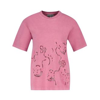 Ganni Broderie Anglaise T-Shirt - - Tops - Damen - Rosa - S