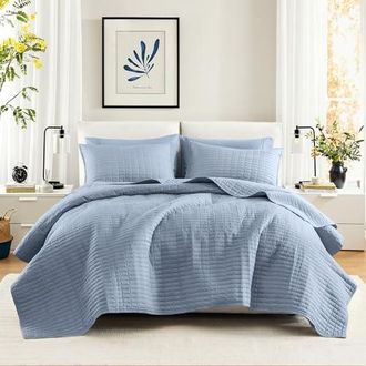 Comfort Spaces Kienna Set - luxuriöses doppelseitiges Näht-Design Ganzjahresdecke, leicht, Tagesdecke, Bettwäsche, passende Kissenbezüge, Mikrofaser, Blau, Quilt Ful