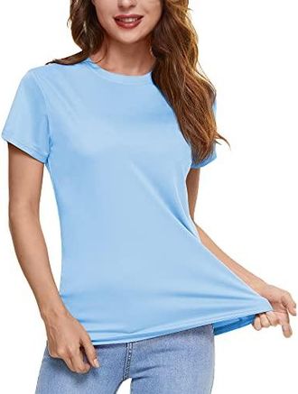 KEFITEVD Chemise de Sport Respirante pour Femmes Été Manches Courtes Hauts de Course Léger Hauts dentraînement Bleu Cascade, 2XL