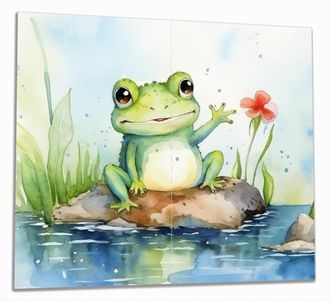Wallario Herdabdeckplatte/Spritzschutz aus Glas, 2-teilig, 60x52cm, f&uuml;r Ceran- und Induktionsherde, Frosch in Aquarell