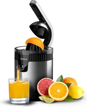 Cecotec Elektrische Zitruspresse mit Arm f&uuml;r Orangen und Zitrusfr&uuml;chte Xqueeze RetroJuice 600 Steel. 600 W, Retro, Edelstahlfilter, Kunststoffkegel, Hebel zum