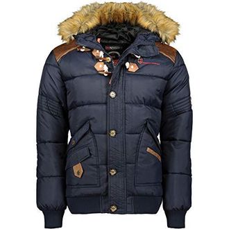 Geographical Norway doudoune matelassée pour homme avec capuche fixe et réglable, empiècements en simili cuir, modèle BELPHEGORE, Marine, XXL