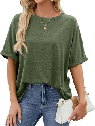 Generic T-shirt surdimensionné à manches courtes pour femme, coupe ample, col rond, couleur unie, t-shirt dentraînement Y2K, chemisier décontracté, vert milit