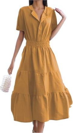 Generic Robe de plage boh&egrave;me 2026 pour femme d&eacute;t&eacute; 2025 d&eacute;contract&eacute;e midi maxi l&eacute;g&egrave;re &agrave; manches courtes col en V taille &eacute;lastique poches, jaune, XXL