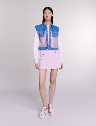 Maje Blouson Court En Denim Et Tweed - Bicolore - Taille 34 - Maje