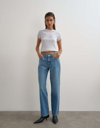 Topshop Vintage Straight-Jeans mit mittlerer Leibh&ouml;he in Bleach-Waschung-Blau