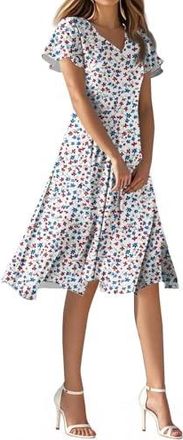 Generic Robe pour Femme Chic Elegante Dété A-Line Fluide Au Genou Robe pour La Fête À Imprimé Fleuri Décontractées Dress Vacances Femme À Col en V Manches Cou