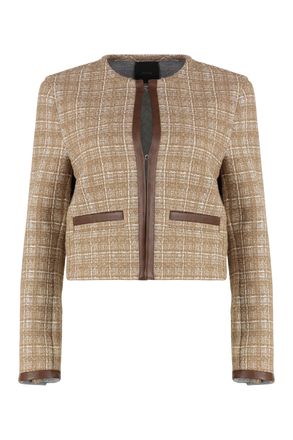 Pinko Womens Finale Tweed Jacket With Faux Leather Details Beige Polyester