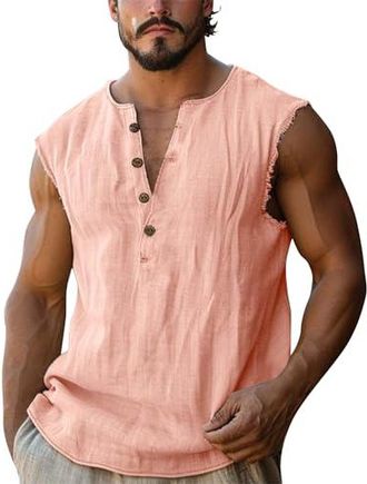 Generic DENGJIAMY D&eacute;bardeurs de plage pour homme D&eacute;contract&eacute; d&eacute;t&eacute; Coupe Off T-shirt tendance &agrave; col rond sans manches pour homme Mode Solide V&ecirc;tements, rose, 3