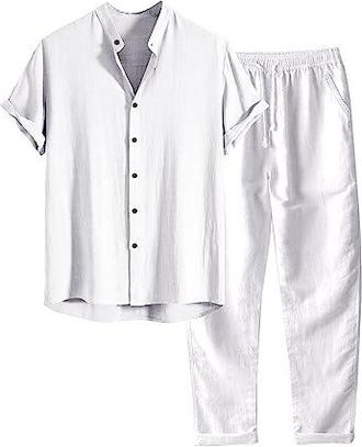 Generic Ensemble 2 pièces en lin pour homme - Couleur unie - Manches courtes - Chemise et short de plage - Ensemble court - Tailles S à 3XL, Blanc., XXL