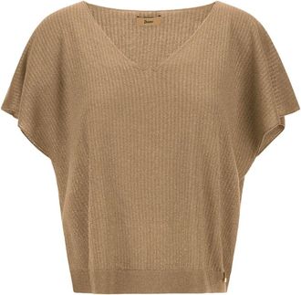 Herno Femme, Pulls, Brun, Taille: 40 FR Top en viscose &agrave; col en V et &agrave; volants