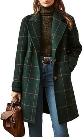 Generic Manteau dhiver &agrave; col crant&eacute; pour femme, trench d&eacute;contract&eacute; &agrave; carreaux mi-longue, blazer &agrave; simple boutonnage (vert, 4XL)