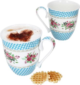 MamboCat 2er Set Becher Blüten Blau kariert I 450ml I 2 Personen I großer Becher mit Henkel für Tee, Kaffee & Co aus Brillantporzellan I Klassik-Serie mit Blum