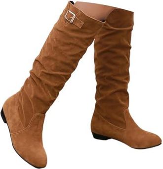 Onsoyours Femmes Elegant Bottes Plates en Daim Automne Hiver Mode Casual Chaussures Boots Longues I Jaune 40 EU