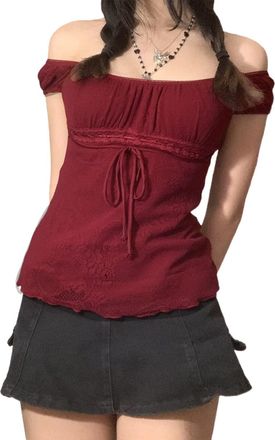 Generic Y2k Langarm Spitzen-Crop-Top Feen-Grunge-T-Shirt Patchwork Slim Fit T-Shirt S&uuml;&szlig;es Kawaii &Auml;sthetisches Streetwear Fake 2-teiliges Oberteil, E-Rot, M