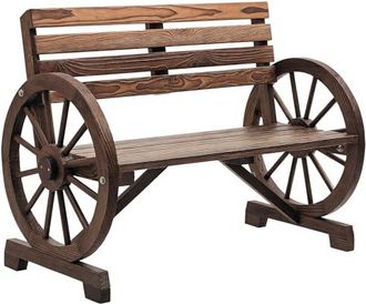 OUTSUNNY Banc de Jardin 2 Places Banc en Bois Roue de Chariot avec accoudoirs Style campagnard Bois de Sapin Brun 105,5 x 56 x 79 cm
