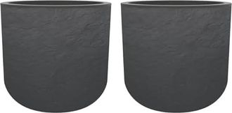 Eda Pot Rond 50 cm VolcaniaUp 67 L - Décor Imitation Pierre - Simple Paroi - Zone de Rétention deau - Ø 48,5 x H.46,2 cm - Gris Anthracite (Lot de 2)