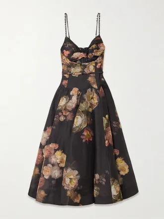 Zimmermann Robe Midi En Lin Et Soie Mélangés À Découpe, Ornements Et Ceinture Hypnotic - Noir