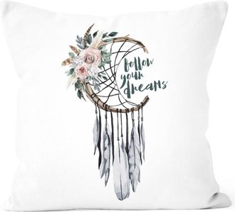 Autiga Kissenbezug Traumf&auml;nger Dreamcatcher Follow Your Dreams Spruch Blumen Federn Spruch Boho Kissen-H&uuml;lle Deko-Kissen wei&szlig; Unisize