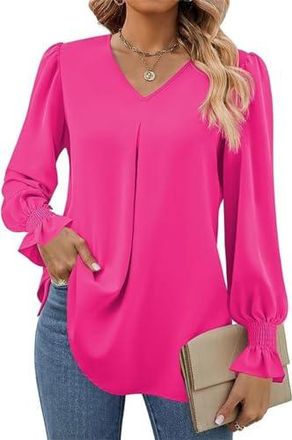 TOMWELL Blouse Femme Automne Chemisier en Mousseline de Soie Élégant Haut à Manches Longues Col V Tunique Fluide T-Shirt Couleur Unie Blouse Plissé Casual Fem