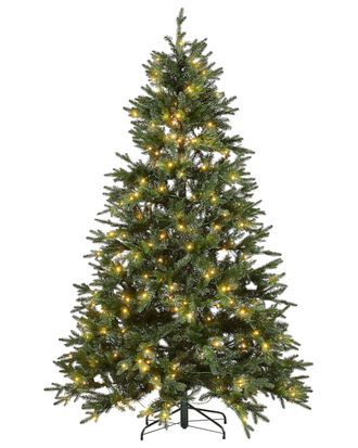 Beliani K&uuml;nstlicher Weihnachtsbaum gr&uuml;n 210 cm mit LED Beleuchtung Lichterkette Fiddle