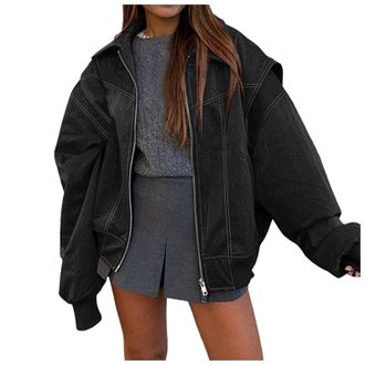 Generic Damen Lederjacke &uuml;bergro&szlig; Kunstlederjacke Modisch f&uuml;r Autumn und Winter Lange &Auml;rmel &Uuml;bergangsjacke Oversize Y2K