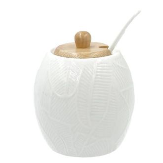 La Porcellana Bianca Intavola Bl&auml;tter Zuckerdose mit L&ouml;ffel 250 ml, Porzellan und Holz