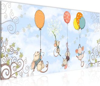 Runa Art Wandbild Kinderzimmer Maus 1 Teilig 100 x 40 cm Modern Bild auf Vlies Leinwand Baby Babyzimmer Spielzimmer Blau Bunt 008012a