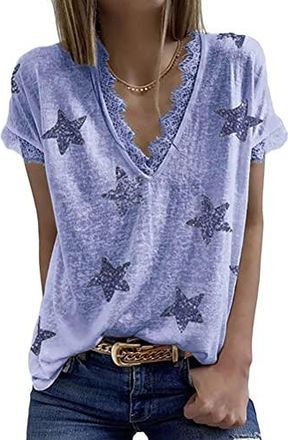 TOMWELL T Shirt Femme Dentelle Col V Manches Courtes Haut Femme Chic Été Élégant Sexy Chemisier Femme Top Blouse Bleu XL