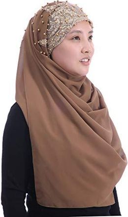 Lina & Lily Hijab Foulard Femme Musulmane en Mousseline de Soie avec Paillettes Perles Dorées (Marron Café)