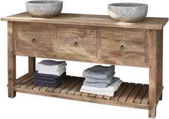 Loberon Doppelwaschtisch Ravel, Inklusive Zwei Naturstein-Becken, mit Großer Schublade & Ablagefläche, Sägeraue Oberfläche, Badmöbel, Mangoholz, antikbraun