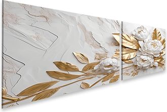 Islandburner Bild auf Leinwand Marmor Textur Weiß Gold Farben Goldene Blumen Luxuriöses Design Bilder Wandbilder Poster JCTS-2K