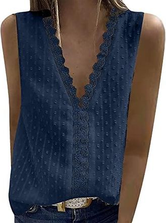 Onsoyours Tee Shirt Femme Col V Manche Courte Casual T Shirt Pas Cher Oversize Col en V Blouse Sexy Tunique Haut Top Dentelle Élégant Lâche Debardeur B Bleu Fon