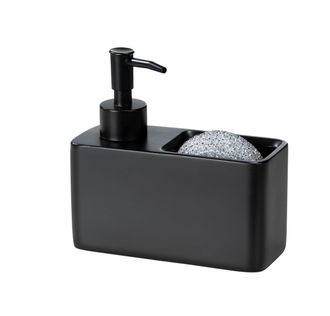 WENKO Spülmittelspender Mod Resa, Spender 150 ml mit Schwammfach inklusive Schwamm, für Spülmittel oder Flüssigseife geeignet, Black Outdoor Kitchen Zubehör