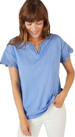 Damart Tee-Shirt avec Broderies Anglaises Pur Coton Biologique*, Manches Courtes, Femme, Col Tunisien, Bleu, Manche Courte