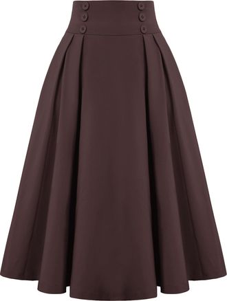 Belle Poque Brauner Rock für Damen Klassischer Vintage High Waist Flared A-Line Midi Rock für Täglich L