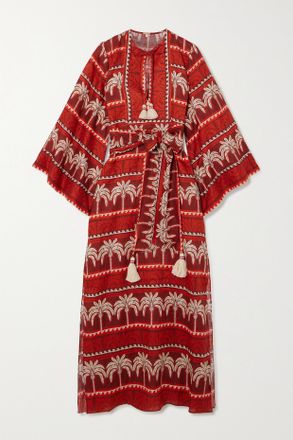 Johanna Ortiz + Net Sustain Wild Savannah Kleid Aus Bedrucktem Leinen Mit Troddeln Und Bindeg&uuml;rtel - Rot