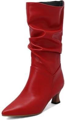 Generic Bottes Femme Métalliques Cuissardes Bout Pointu Talons Aiguilles Hauts Tige Cuir PU Fermeture Éclair Confortables Soirée Club Mode,Rouge,38.5 EU