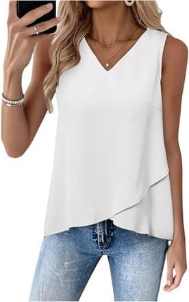 Generic Debardeur Femme Chic et &eacute;l&eacute;gant Chemisier sans Manche Jacquard D&eacute;bardeur Blanc Col V Top Ete Haut Chic et Elegant Fluide Ample Caraco Vetement Femme E