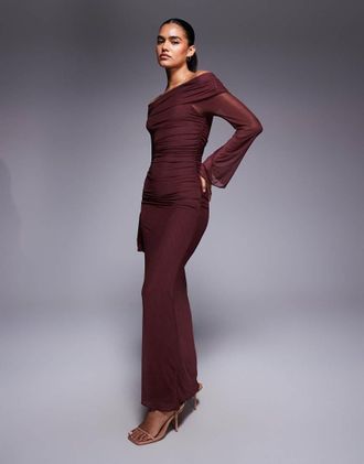 Princess Polly Consideration - Robe longue en tulle &agrave; manches &eacute;vas&eacute;es, encolure Bardot et bord ondul&eacute; - Chocolat-Marron