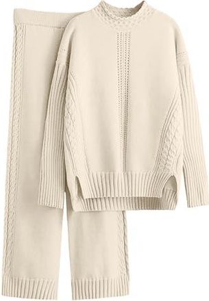 Generic Pyjama Femme Hiver Vêtements De Nuit Chaud Pull tricoté à manches longues et col roulé pour femme, couleur unie, pantalon à jambes larges, Version Pyj
