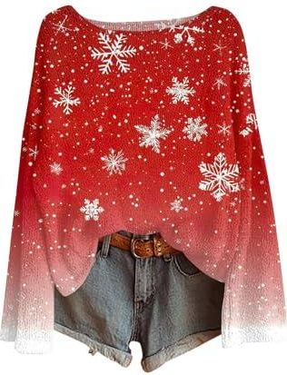 Generic Pull de Noël fantaisie tricoté pour femme, pull de Noël léger 2025 flocon de neige imprimé festif pulls en tricot doux et confortable pour femmes, ros