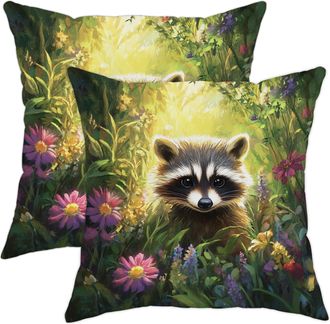 Generic Waschb&auml;r-Kissenbez&uuml;ge, Waldgr&uuml;n, Tierkunst, dekorativ, quadratisch, rustikale Dekoration f&uuml;r Wohnzimmer, Sofa, Bett, Couch, 40,6 x 40,6 cm, 2 St&uuml;ck