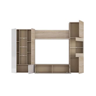 Dmora Dmora - Parete Attrezzata, Mobile Da Soggiorno Porta Tv Modulare, Composizione Salotto Con Pensili E Vetrine E Luce Led, Cm 260x42h185, Rovere E Bianc