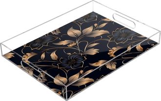 Mnsruu Ethnische Blume, schwarzes Acryl-Serviertablett, transparentes rechteckiges Tablett mit Griffen, Servierplatte für Couchtisch, Küche, Badezimmer