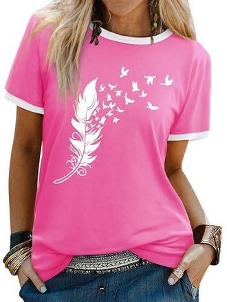 Dresswel T-shirt &agrave; manches courtes et col rond pour femme - Motif colombe de la paix et plumes, 2A rose fonc&eacute;, M