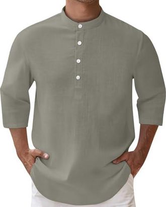 Generic Chemise pour homme &agrave; manches 3/4, col montant, boutonn&eacute;e, d&eacute;contract&eacute;e, avec poche avant, chemise respirante et l&eacute;g&egrave;re pour lext&eacute;rieur, la plage, prin