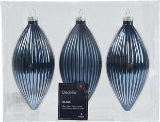 Decoris Christbaumkugeln 3er Set Oliven-Zapfen Nachtblau aus echten Glas - Glanz und Matt, dia6cm H.13cm - 3 STK. a 13,0 cm