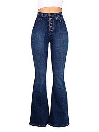 ORANDESIGNE Femme Jean Évasé Pantalon Boutonné Stretch Zippé en Denim Elastique avec Poche Bootcut Casual Vintage Pants (L, D Bleu Foncé)